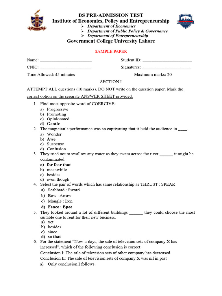 BS Inst Economics SamplePaper | PDF | Economies