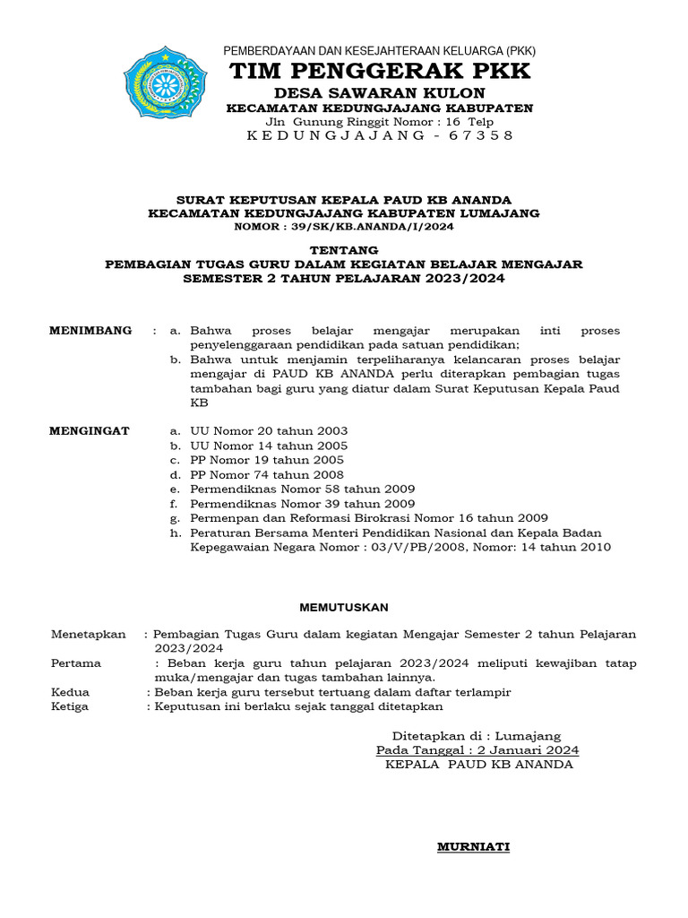 Pembagian Tugas Guru PAUD 2024 | PDF