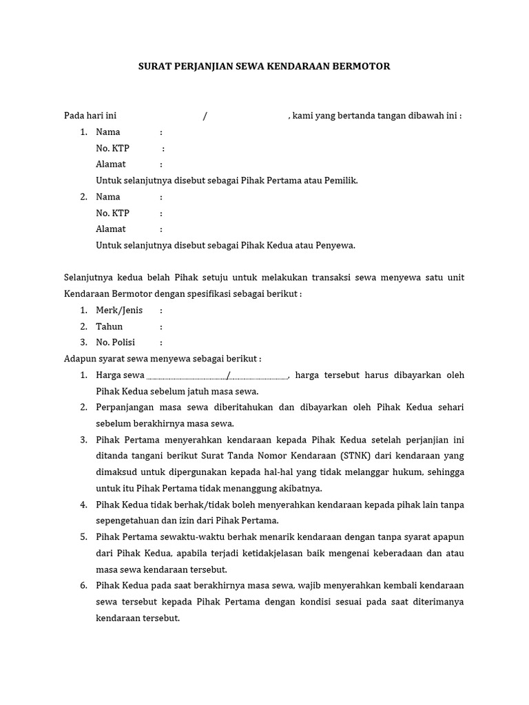 SURAT PERJANJIAN SEWA KENDARAAN BERMOTOR perhari | PDF