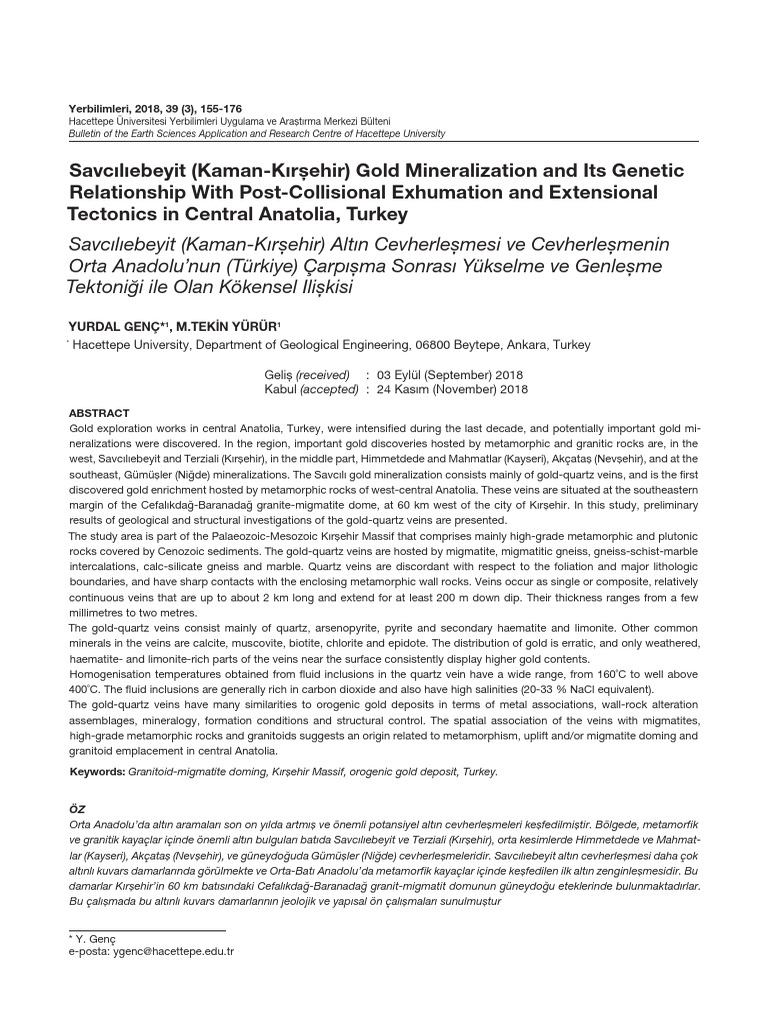 Savcılıebeyit (Kaman-Kırşehir) Gold Mineralization and Its Genetic ...