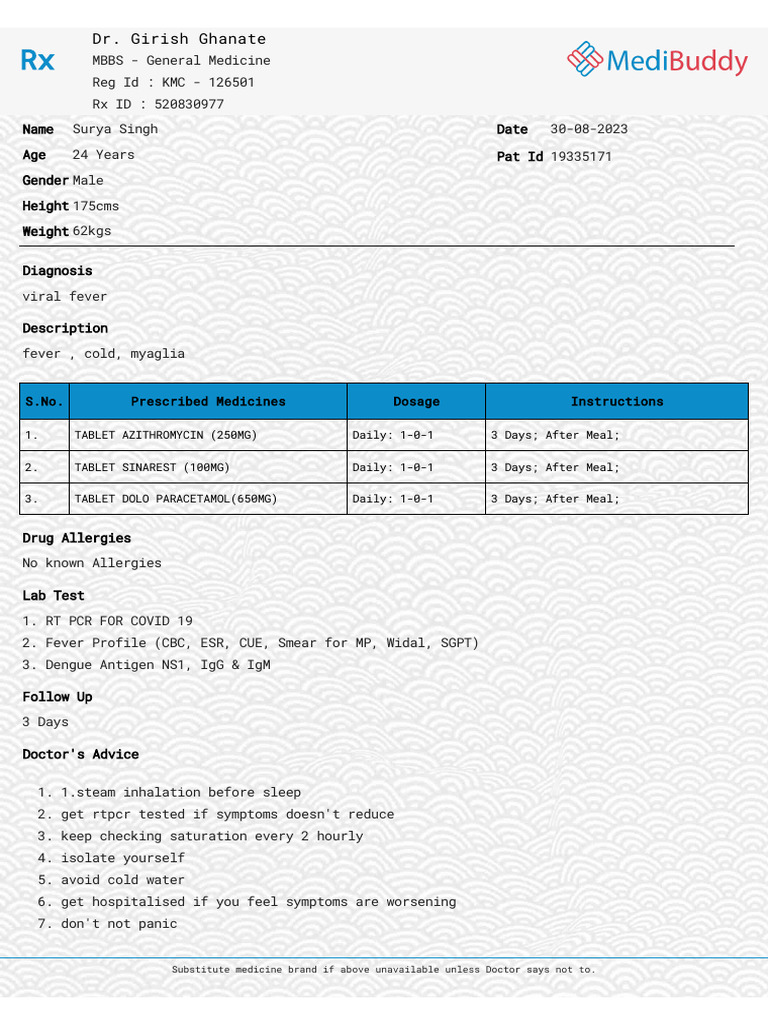 Viral Fever Prescription Details | PDF