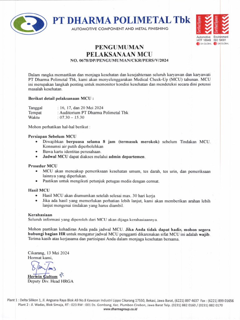 Pengumuman Mcu Tahunan 2024 | PDF