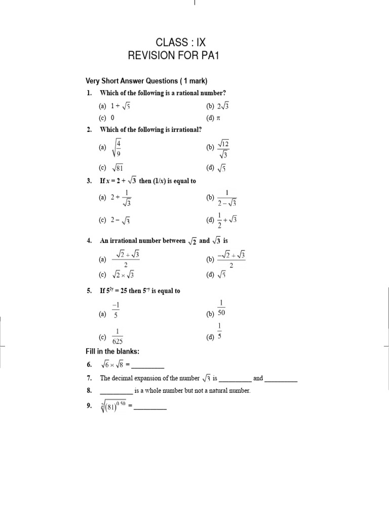 Class 9 Maths Pa1 Revision 1 1719633459 | PDF | Cartesian Coordinate ...