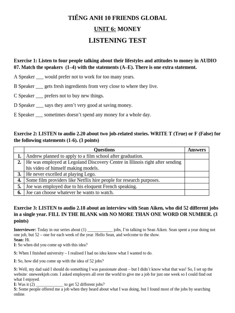 Friends Global 10 - Unit 6 - Listening Test | PDF