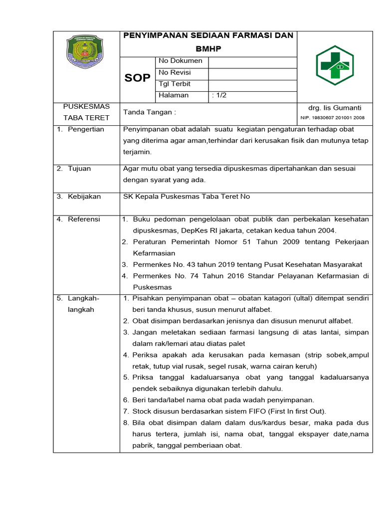 Sop Penyimpanan Sediaan Farmasi Dan BMHP | PDF