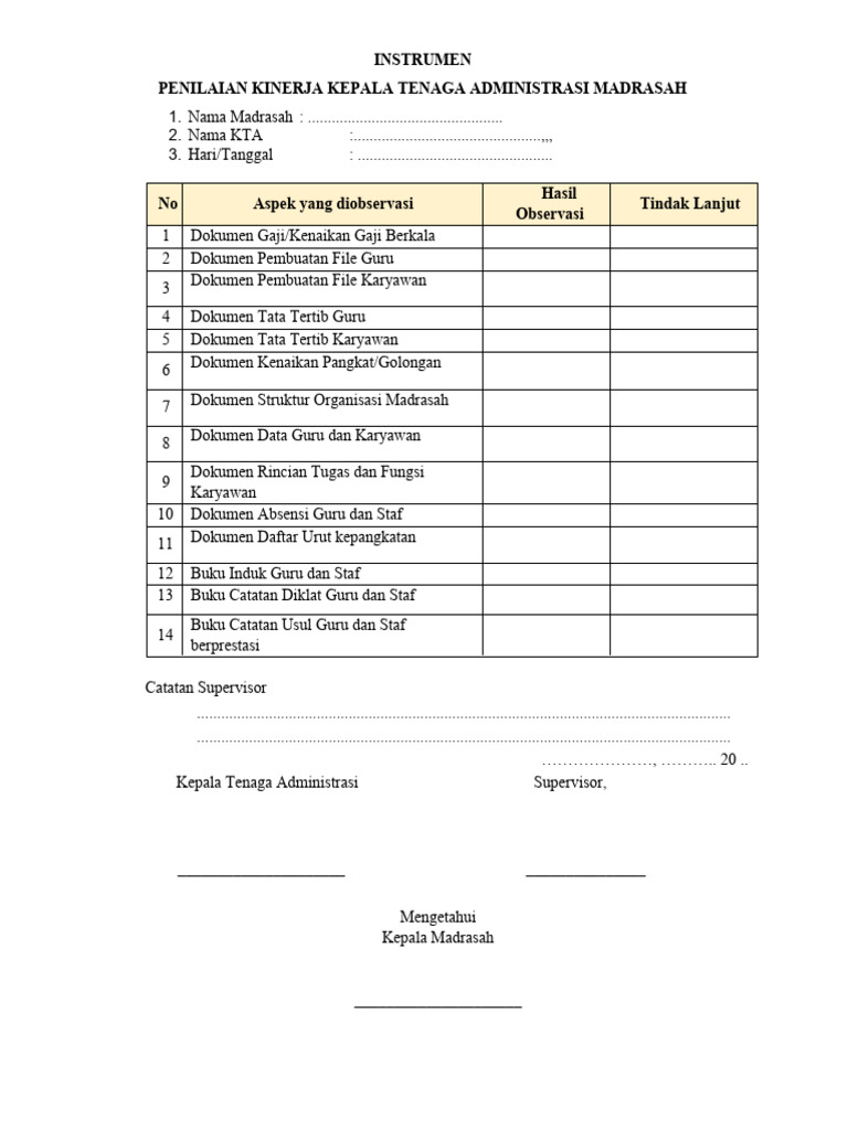 Instrumen Supervisi-Penilaian Tendik | PDF