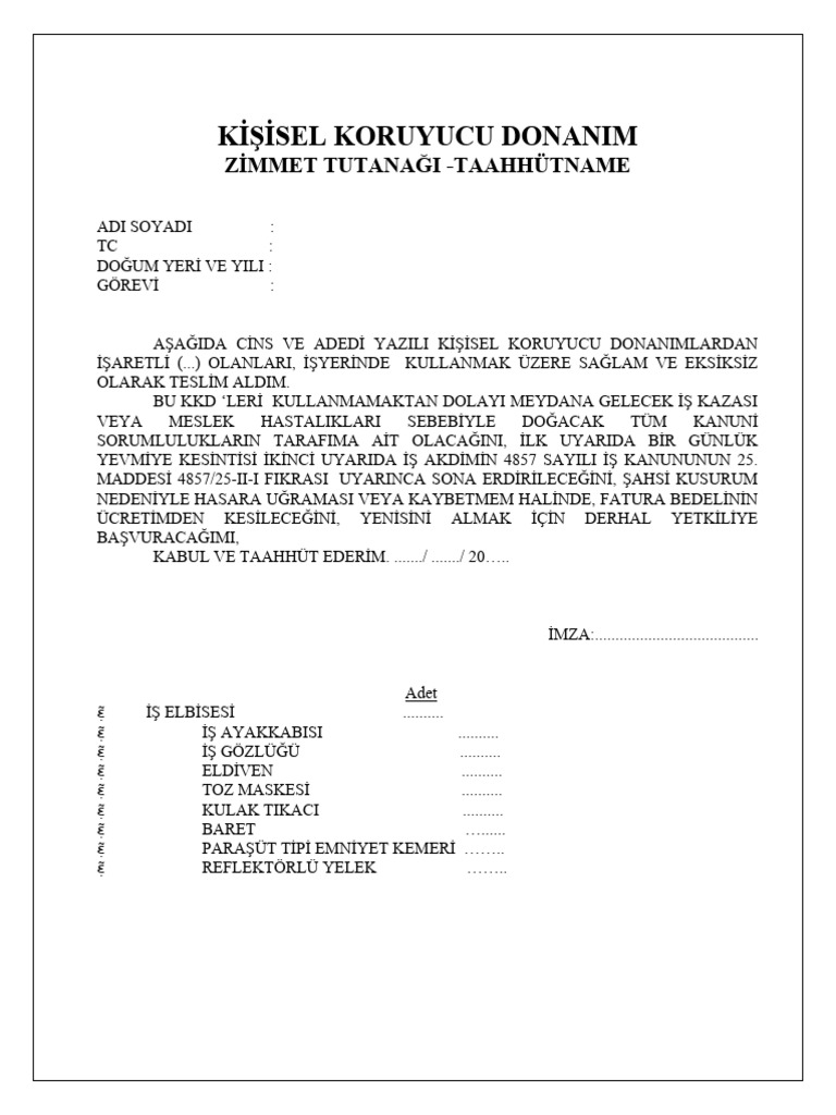 Kisisel Koruyucu Ekipman Zimmet Formu | PDF