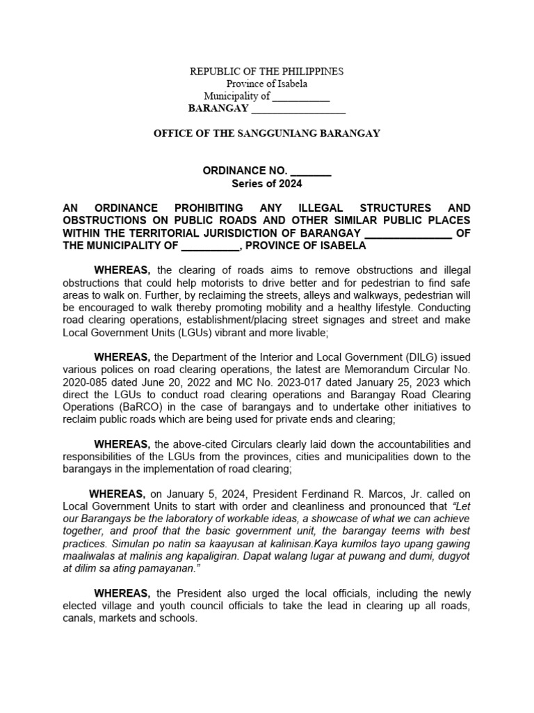 Barangay Ordinance Re Road Clearing | PDF | Traffic | Road