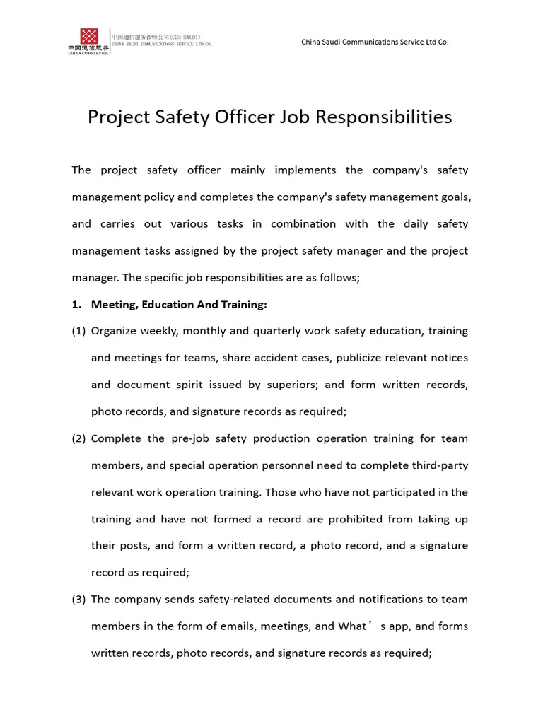 Project Safety Officer Responsibilities | PDF | Safety | Occupational ...