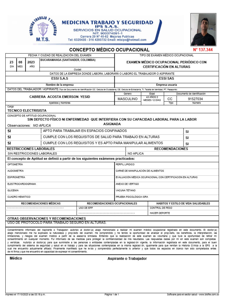 Cabrera Acosta Emerson Yesid Concepto Médico Ocupacional | PDF ...