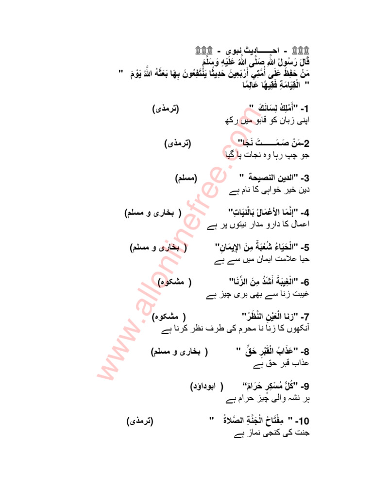 Forty Ahdees With Urdu Translation | PDF