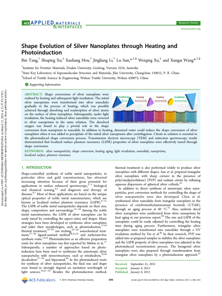 Tang Et Al 2013 Shape Evolution of Silver Nanoplates Through Heating ...