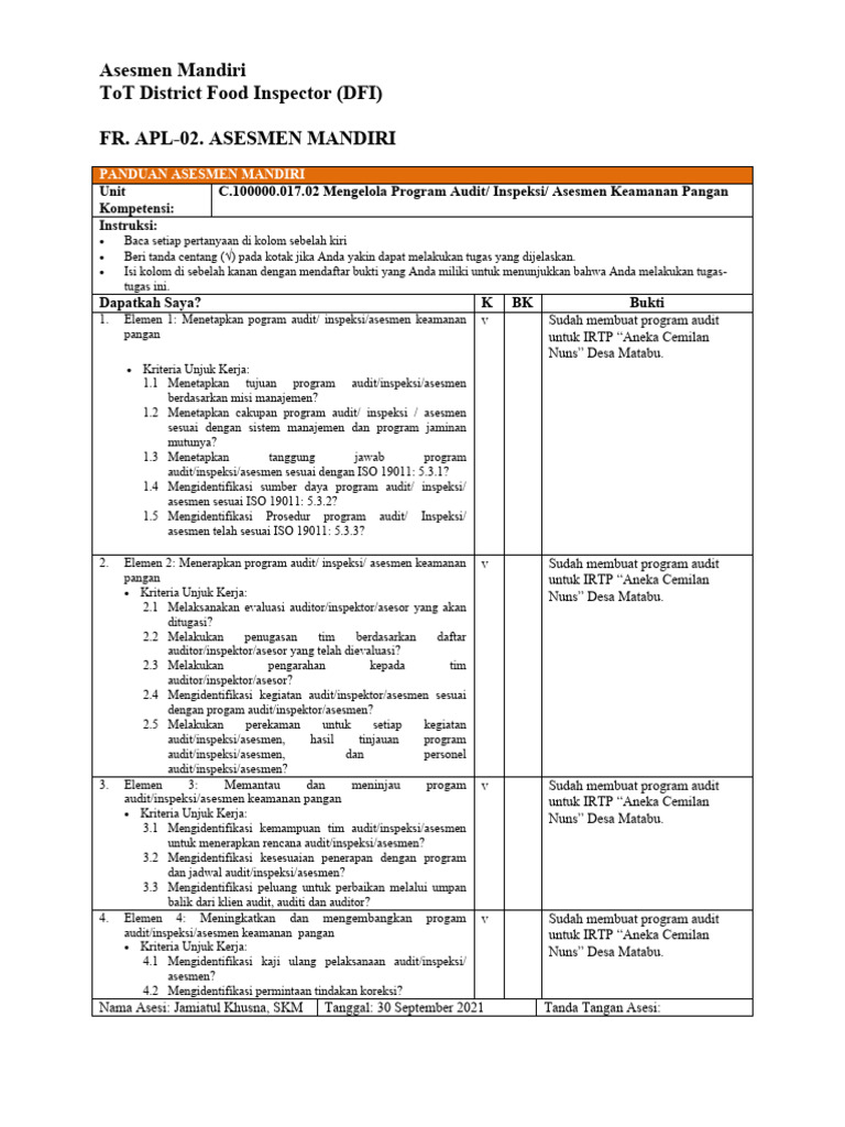 Asesmen Mandiri TOT DFI 2-5 Maret 2021-RirinNR | PDF