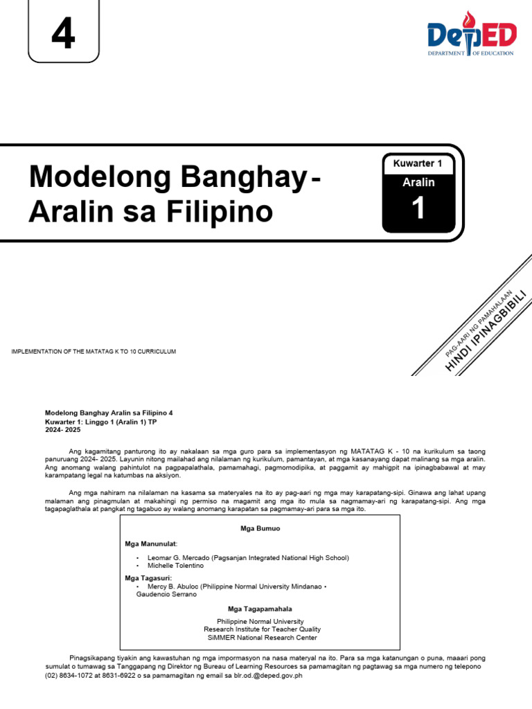 Q1 - LE - Filipino 4 - Lesson 1 - Week 1 | PDF