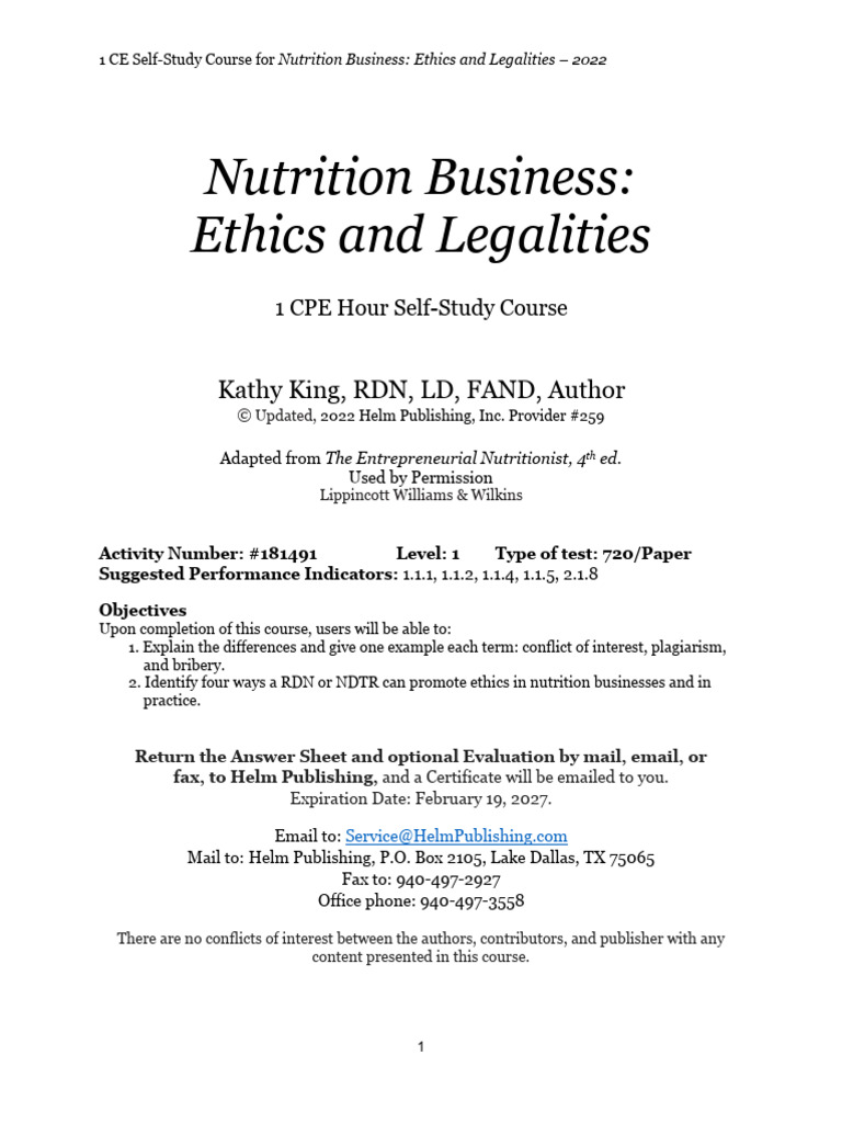 Ethics in Nutrition Business Practices | PDF | Dietitian | Bribery