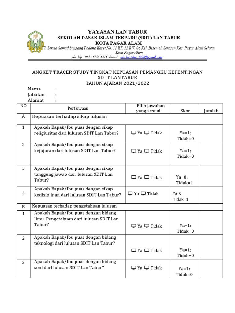 Tracer Study Kepuasan SDIT Lan Tabur | PDF | Karier & Perkembangan