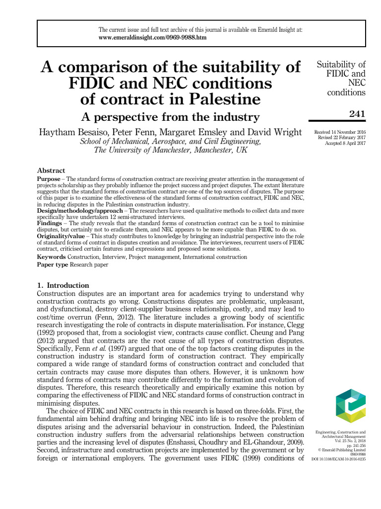 FIDIC vs NEC Contracts in Palestine | PDF | Risk | Employment