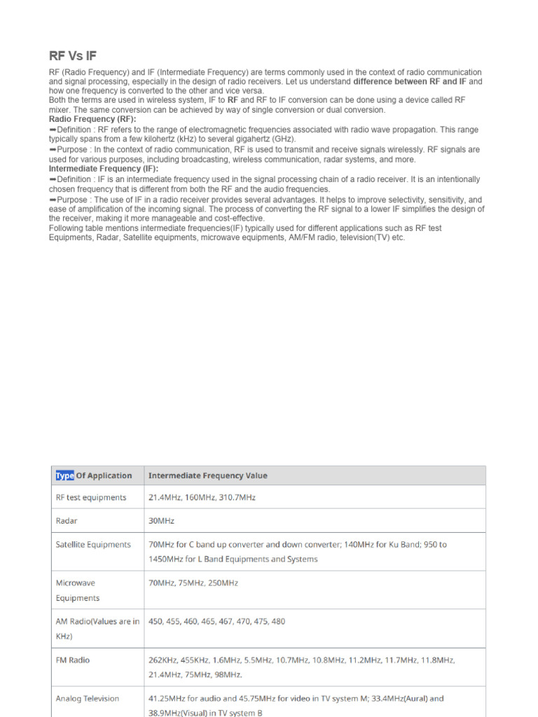 RF vs IF: Key Differences & Conversions | PDF | Radio ...