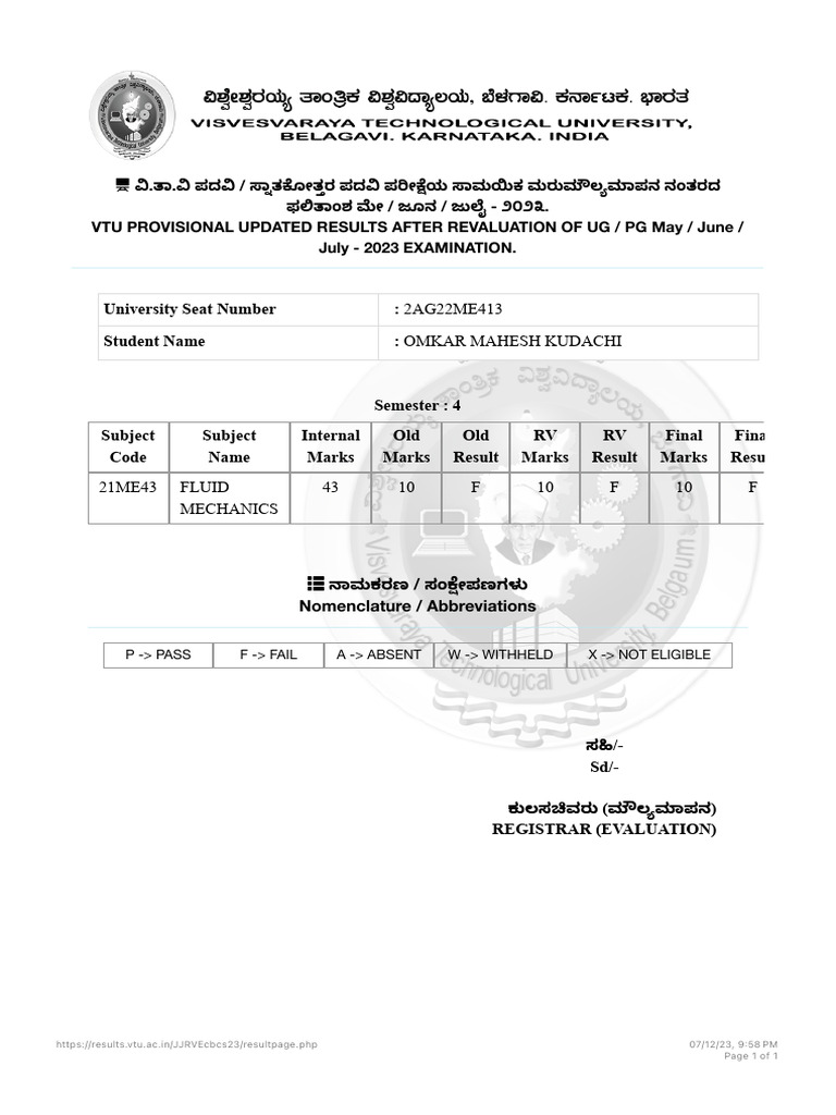 VTU UG/PG Revaluation Results 2023 | PDF