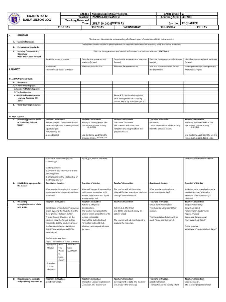 DLL - SCIENCE 6 - Q1 - W1 Appearance and Uses of Uniform and Non ...