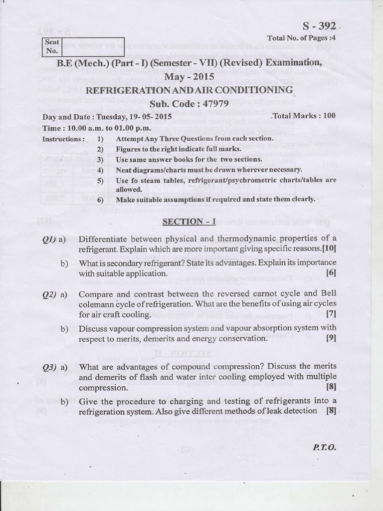 Refrigeration & AC Exam Paper 2015 | PDF | Refrigeration | Air Conditioning