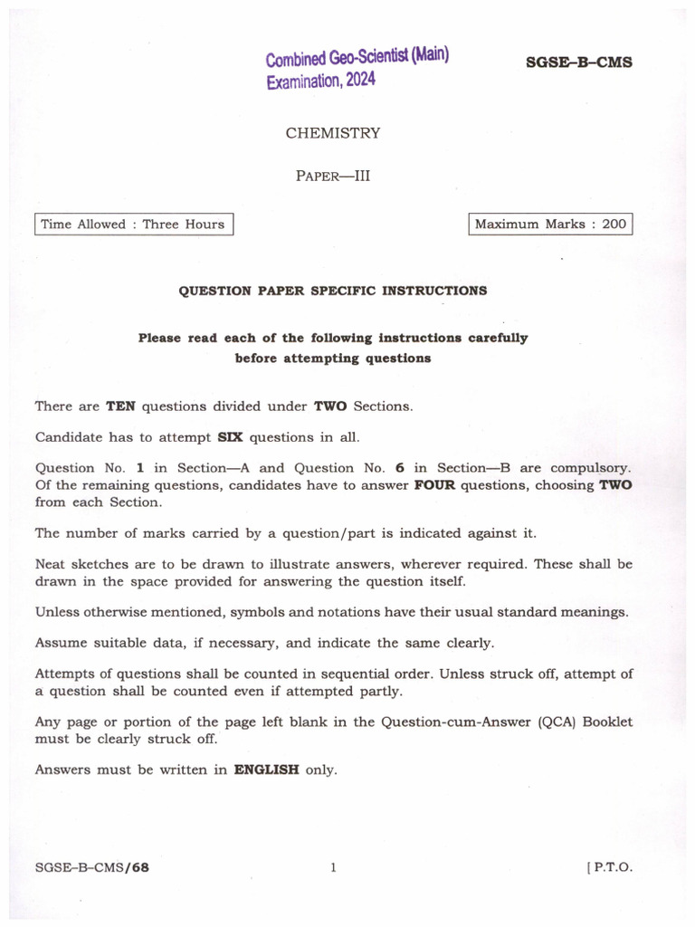 QP CGSMain 24 CHEMISTRY PAPER III 240624 | PDF