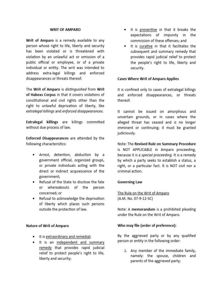 Writ of Amparo Writ of Habeas Data Reviewer | PDF | Habeas Corpus ...