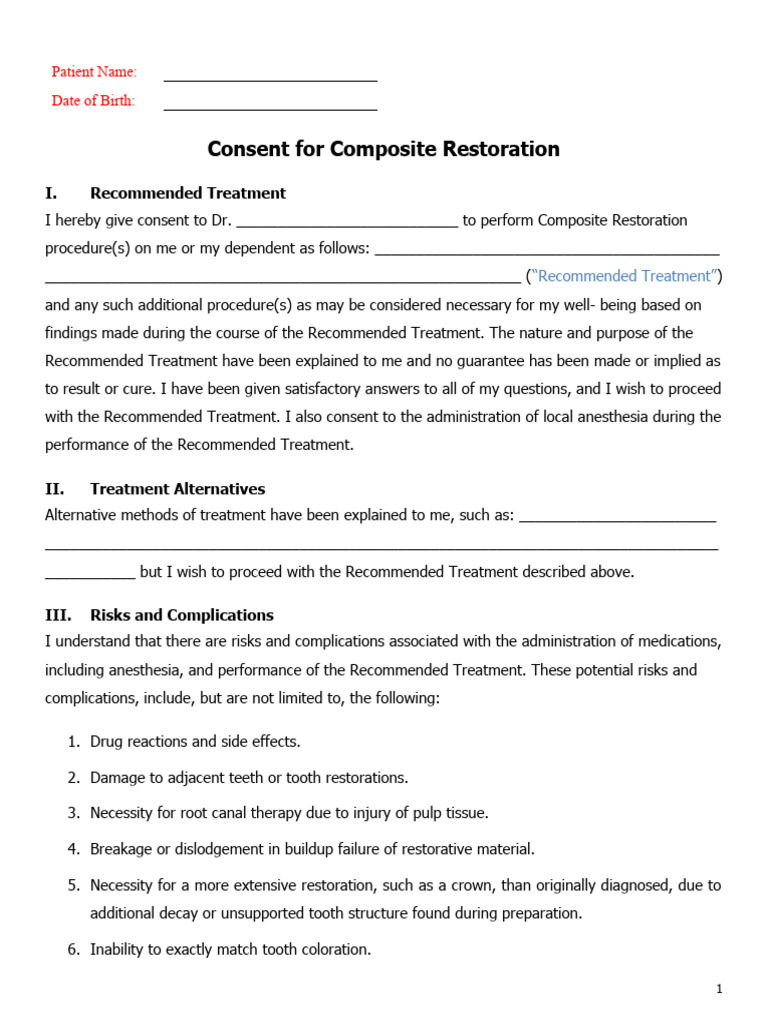 Consent For Composite Restoration | PDF | Human Tooth | Diseases And ...