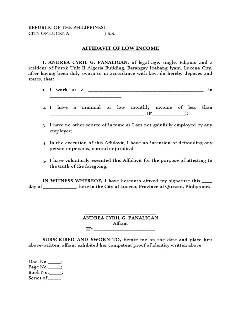 Affidavit of Low Income-Andrea Cyril G. Panaligan | PDF