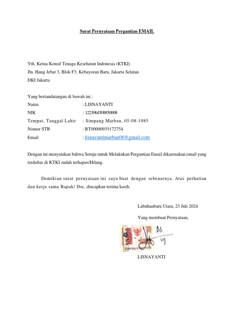 Surat Pernyataan Pergantian EMAIL STR | PDF