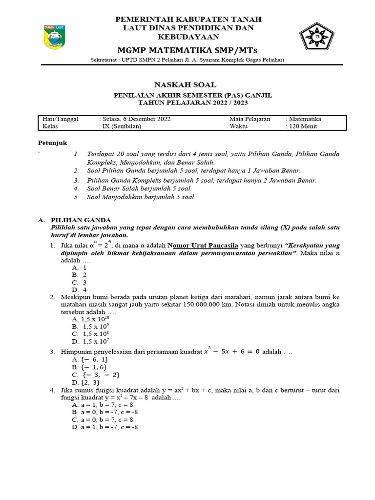Soal Pas MTK Kelas 9 | PDF