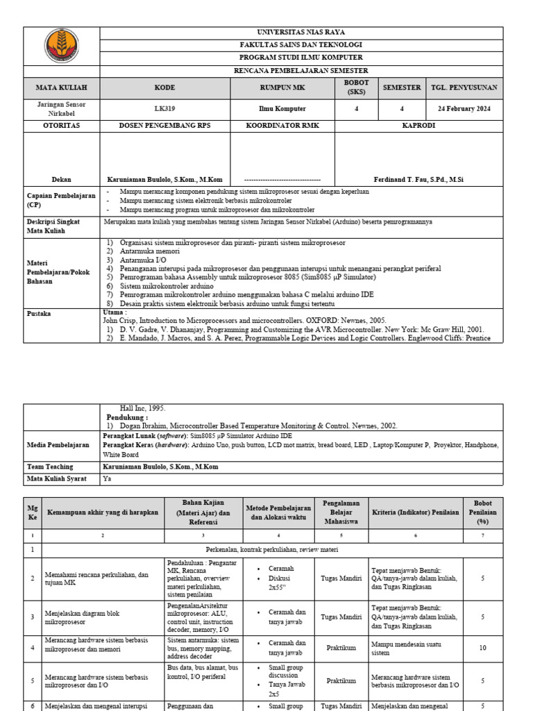 RPS - Jaringan Sensor Nirkabel - Prodi Ilkom - Kelas IV.2 | PDF