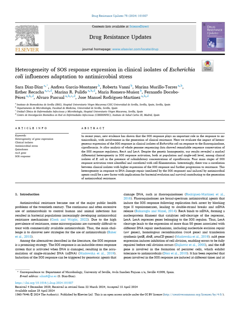 Heterogeneity of SOS Response Expression in Clinical Isolate - 2024 - Drug Resis | PDF | Dna ...