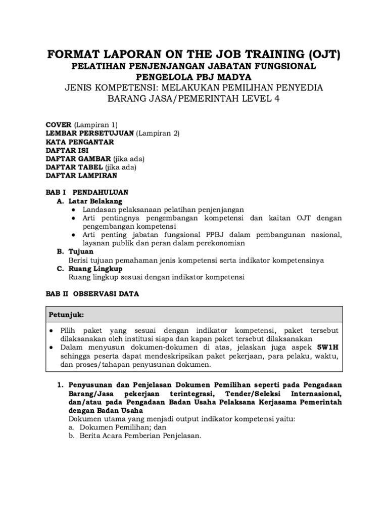 Format Laporan Ojt JF Madya 2023 - JK 2 Pemilihan Penyedia Level 4 | PDF