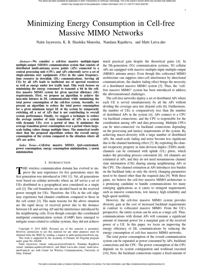 Minimizing Energy Consumption In Cell Free Massive Mimo Networks Pdf Mimo Mathematical