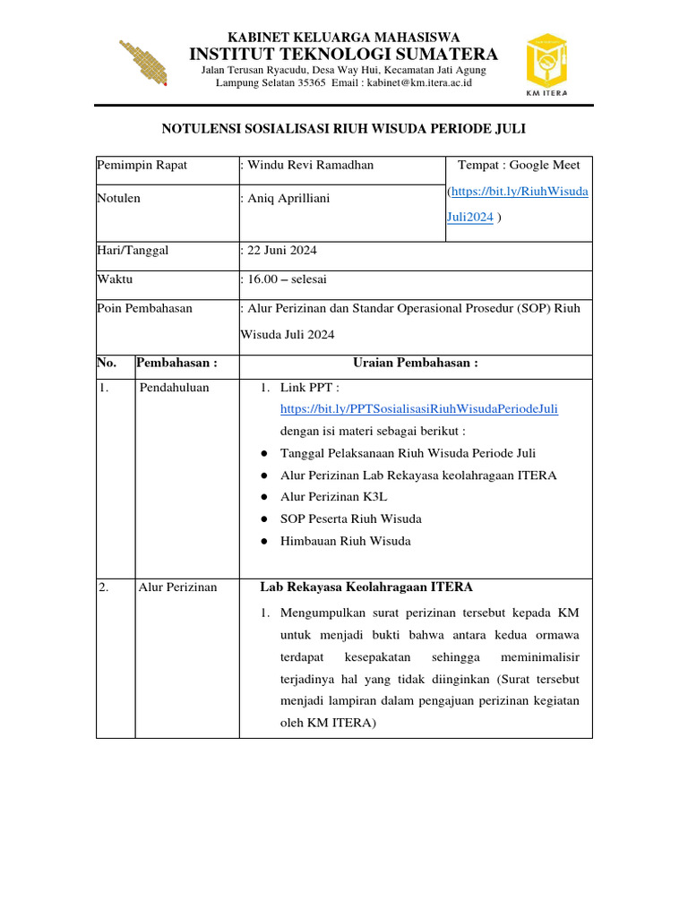 Notulensi Sosialisasi Riuh Wisuda Periode Juli 2024. | PDF Notulensi Sosialisasi Riuh Wisuda Periode Juli 2024. | PDF