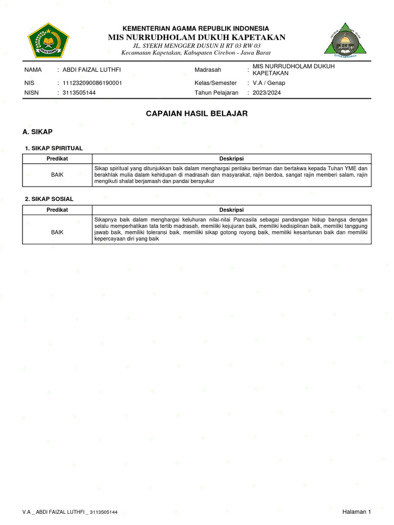 Contoh Raport RDM | PDF