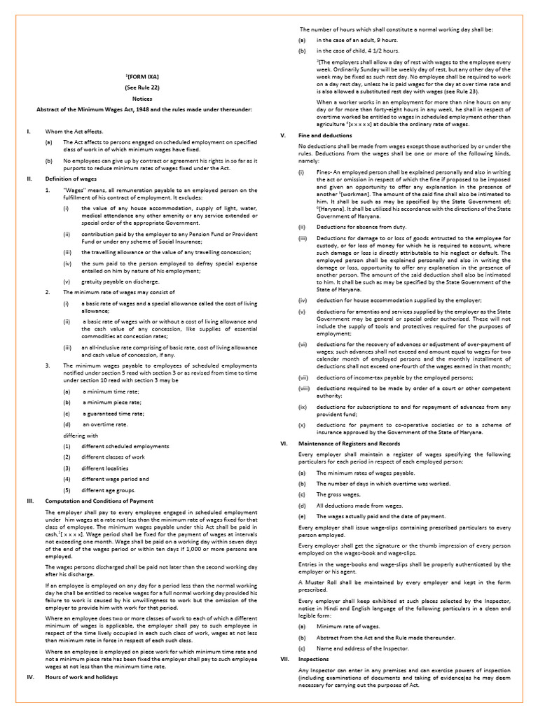 FORM IX-A Abstract Under The Minimum Wages Act, 1948 (English Version ...