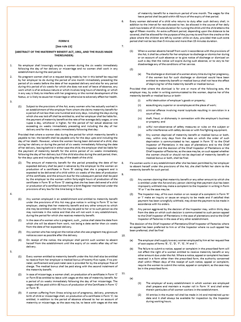 FORM K Abstract Under Maternity Benefit Act, 1961 (English Version ...