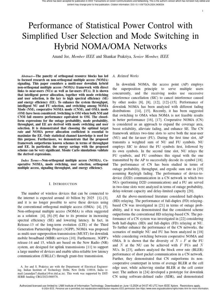 Performance of Statistical Power Control With Simplified User Selection and Mode Switching in ...