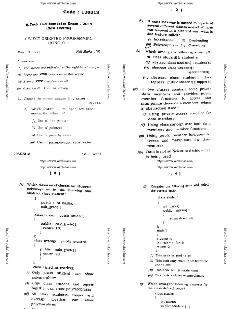 Btech 3 Sem Object Oriented Programming Using Cpp 100313 2019 Pdf