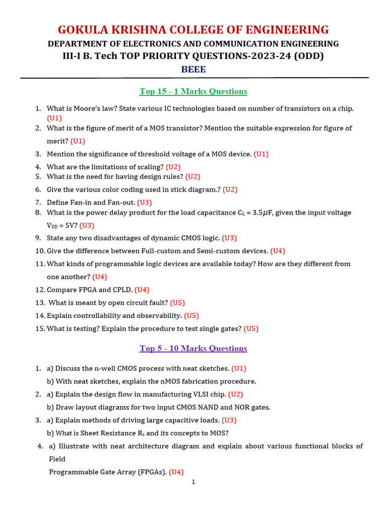 B.Tech ECE Top Questions 2023-24 | PDF | Cmos | Logic Gate