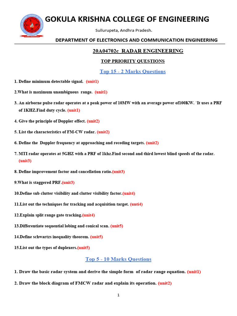 RS-Top Priority Questions | PDF | Radar | Electrical Engineering