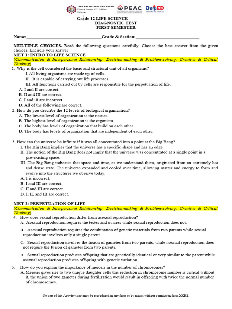Grade 12 Life Science Diagnostic Test | PDF | Sexual Reproduction ...