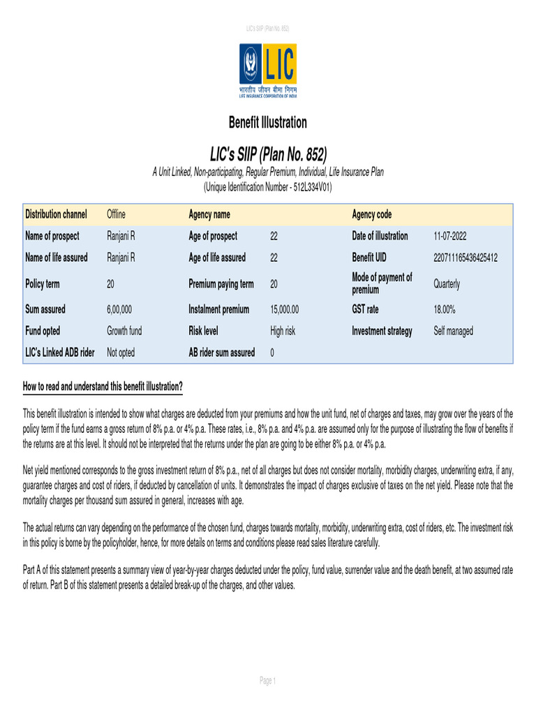 LIC's SIIP (Plan No. 852) : Benefit Illustration | PDF | Insurance ...