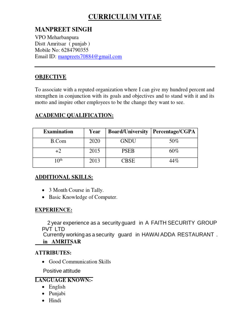 Curriculum Vitae: Manpreet Singh | PDF | Career & Growth | Business