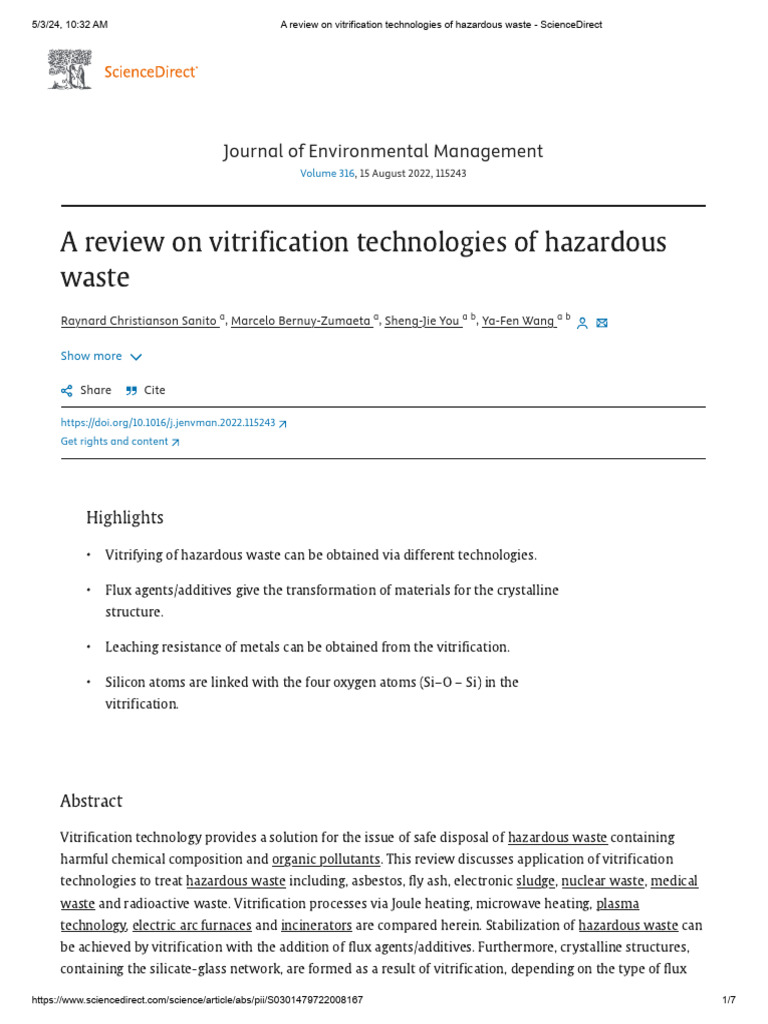 A Review On Vitrification Technologies of Hazardous Waste ...