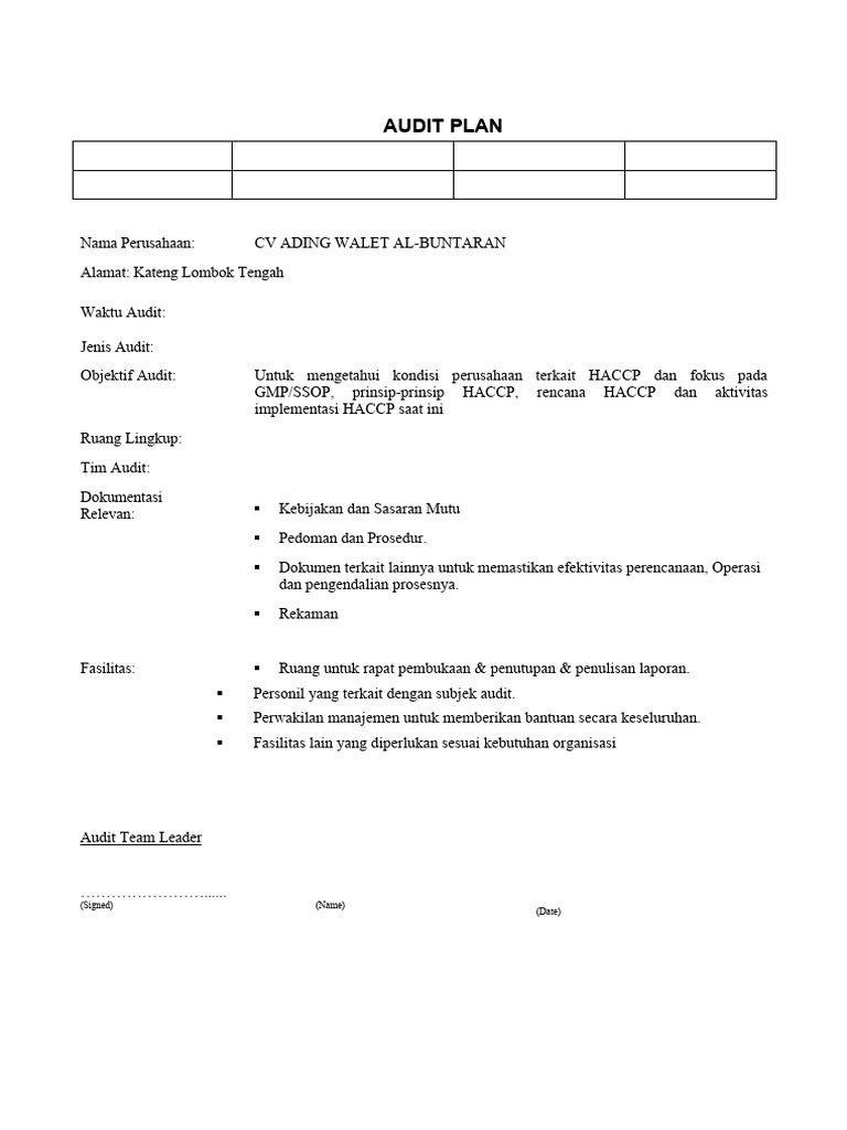 Contoh Audit Plan | PDF | Teknologi & Rekayasa