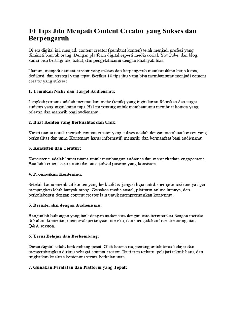 10 Tips Jitu Menjadi Content Creator Yang Sukses Dan Berpengaruh | PDF | Ilmu Sosial