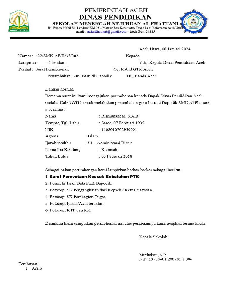 Surat Permohonan GTK Baru | PDF
